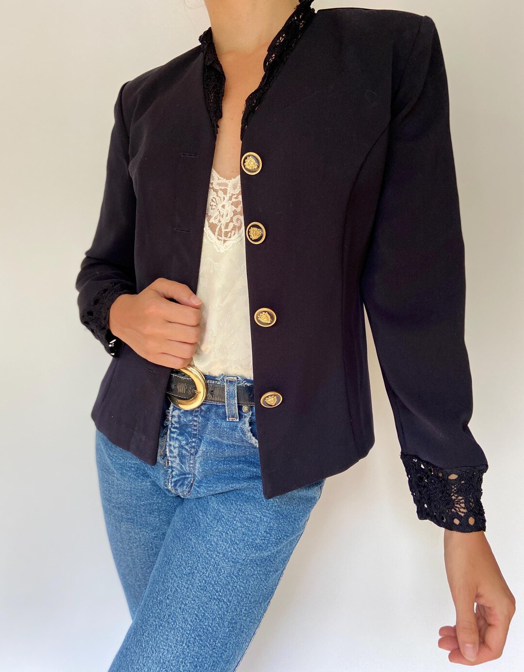 Vintage Navy Gold Button Jacket / Chic 80s 90s Tailored Fitted Blazer ...