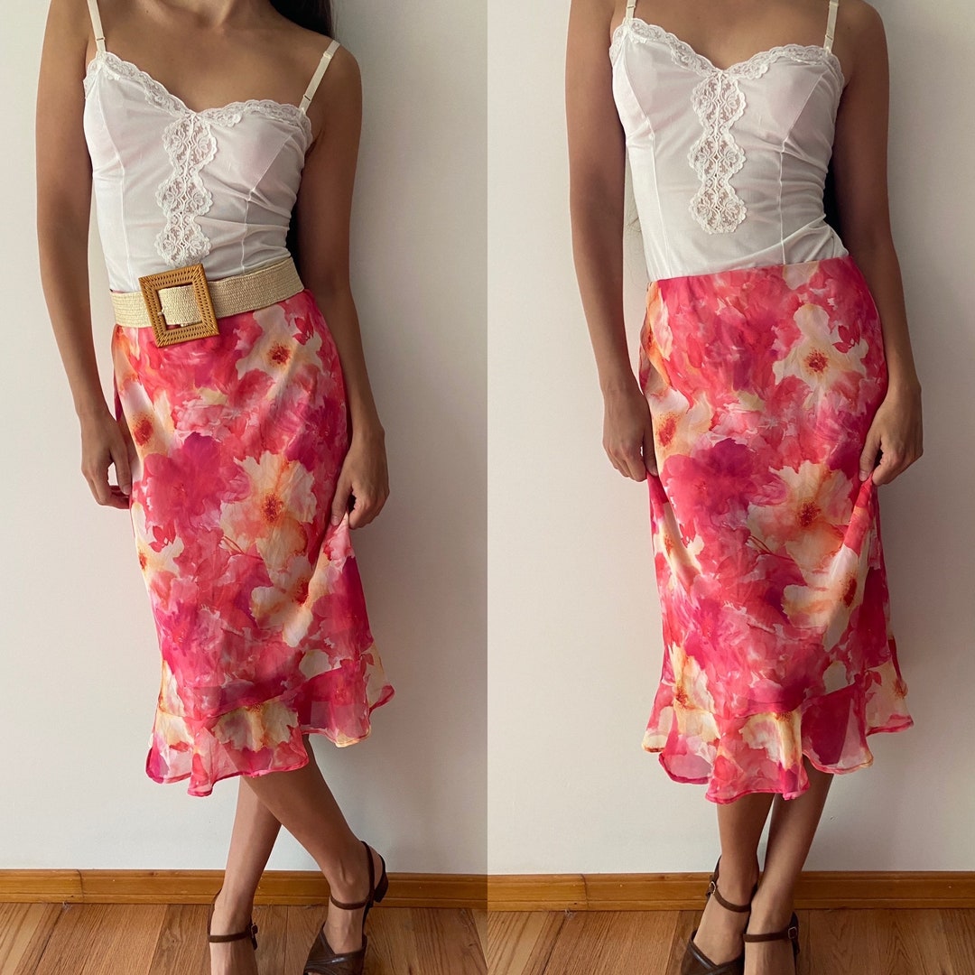Y2K Floral Trumpet Ruffle Skirt / Vintage Pink Floral Long Maxi Skirt ...
