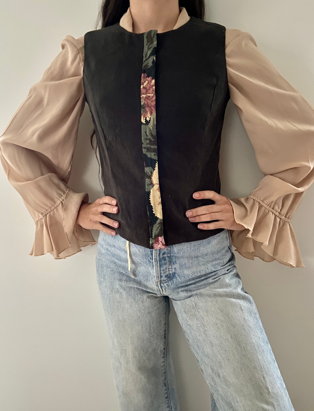 Vintage 90s Faux Suede Olive Green Vest / Upcycled Floral Trim Zip-up ...