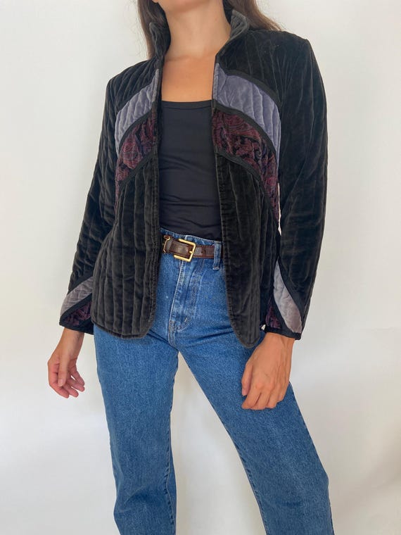 Vintage paisley velvet quilted jacket / black purple … - Gem