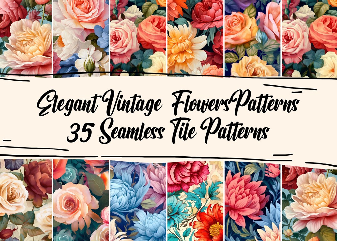 35 Vintage Floral Digital Papers Bundle Elegant Seamless Patterns ...