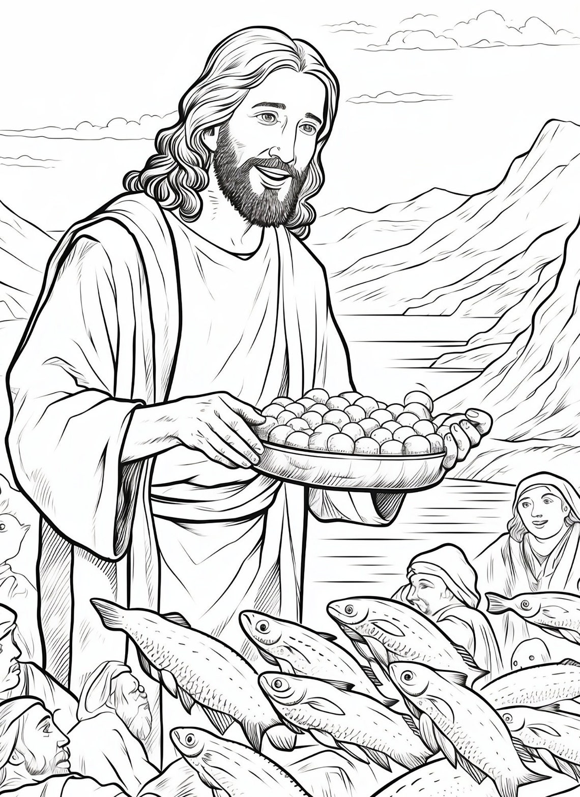 Grayscale Jesus Coloring Page Downloadable for Adults Feeding Multitude ...