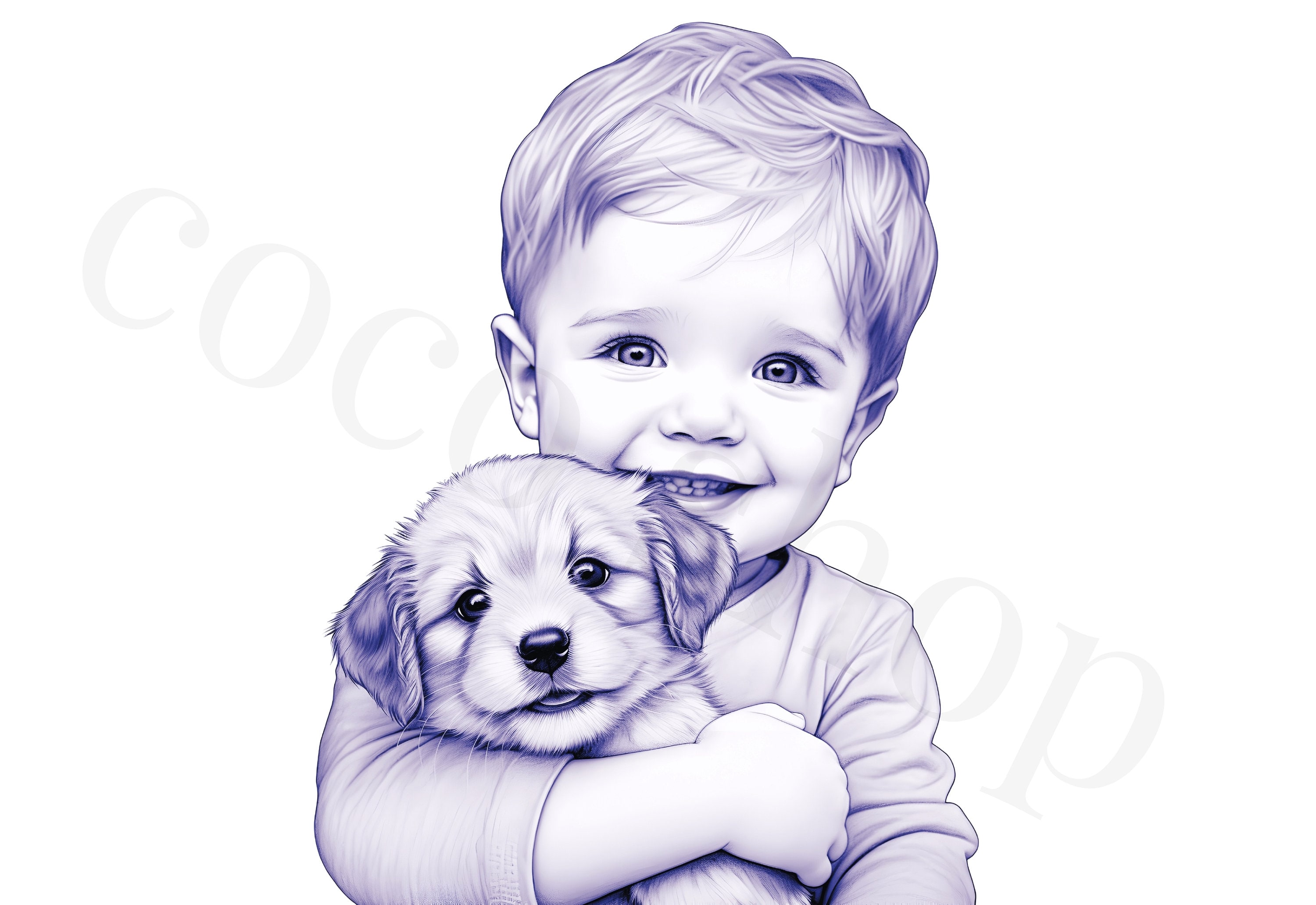 Adorable Boy Coloring Page Printable Grayscale Illustration PDF Premium ...