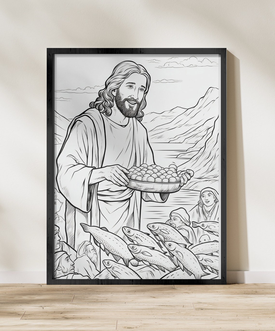 Grayscale Jesus Coloring Page Downloadable for Adults Feeding Multitude ...