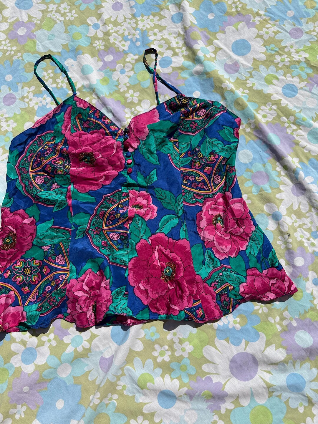Kathryn Pink & Blue Floral Spaghetti Strap Silk Top - Etsy