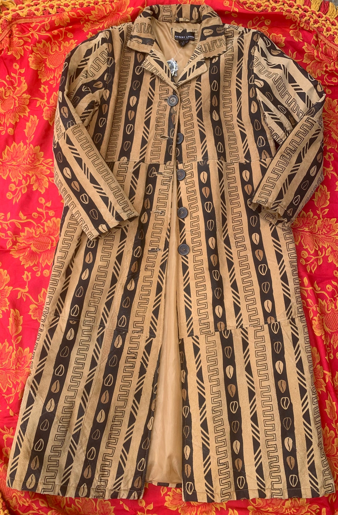 Robert Louis Art Style Coffee Bean Pattern Leather Long Length Coat-new ...