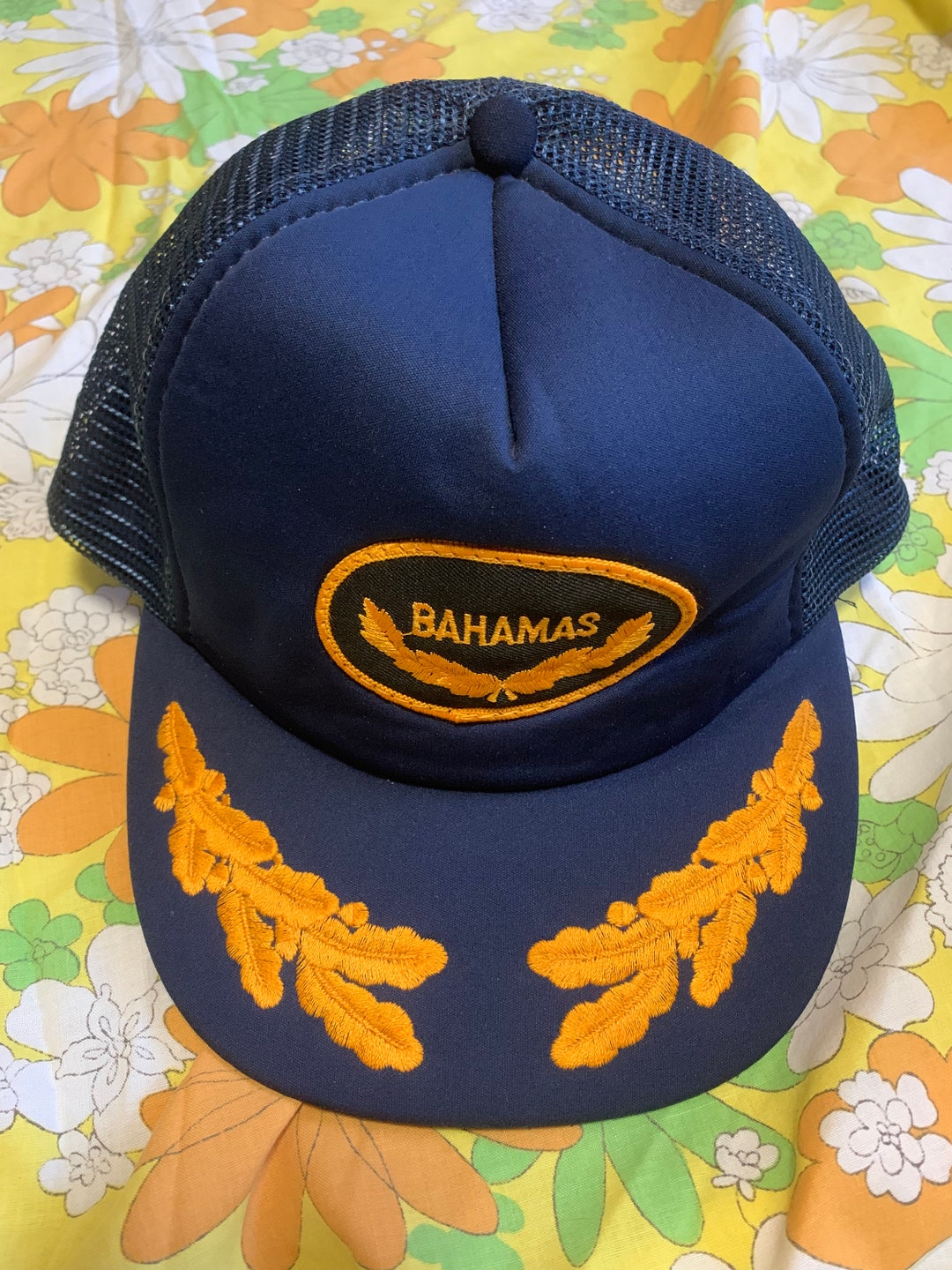 Bahamas Navy Blue Trucker Hat With Gold Patch and Leaf Stitching - Etsy