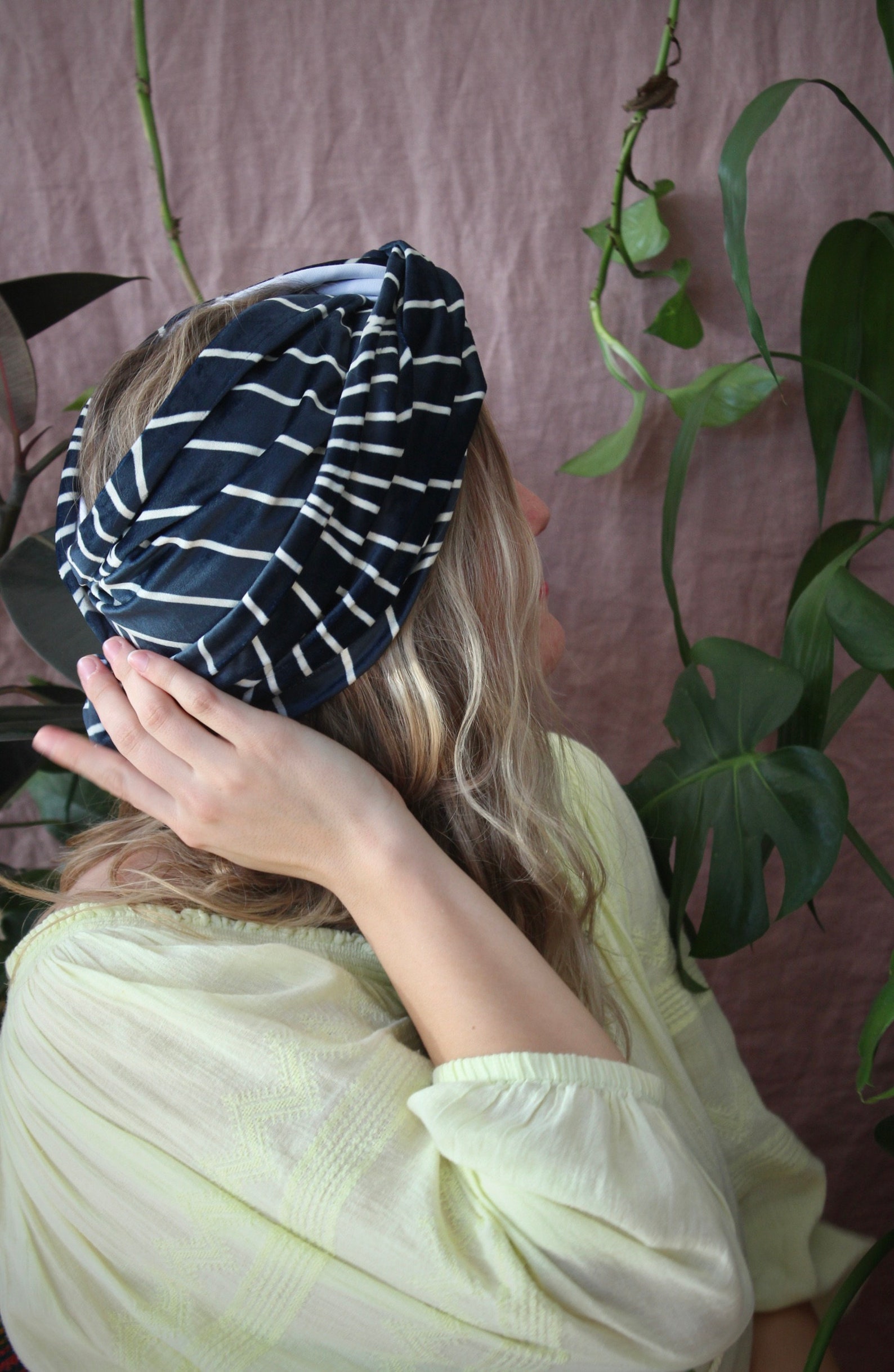 Wire Head Wrap Gorgeous Dark Blue and Cream Abstract Velvet Head Scarf ...