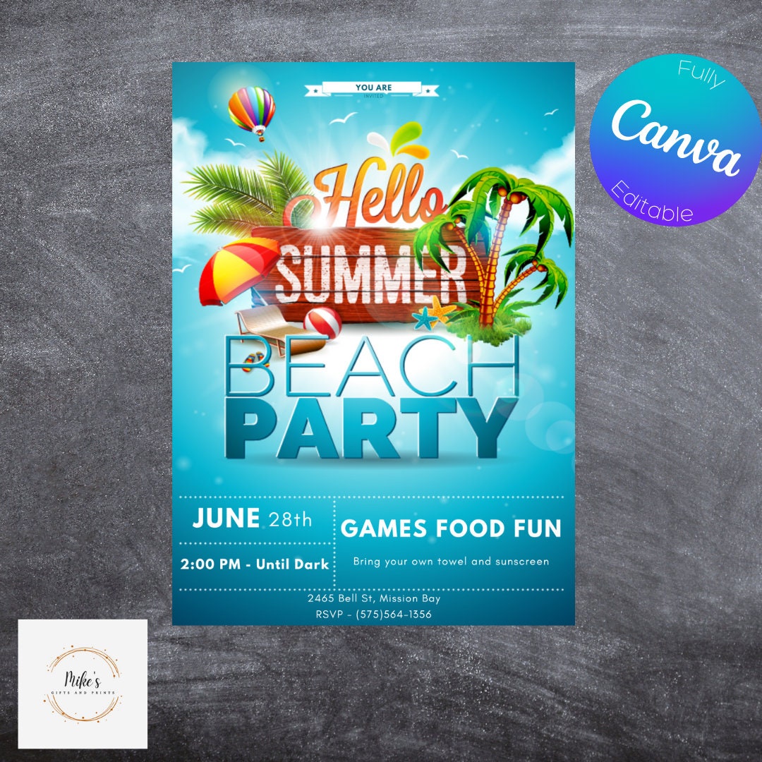 Hello Summer Beach Party Invitation, Bright Invite, Party Invites ...