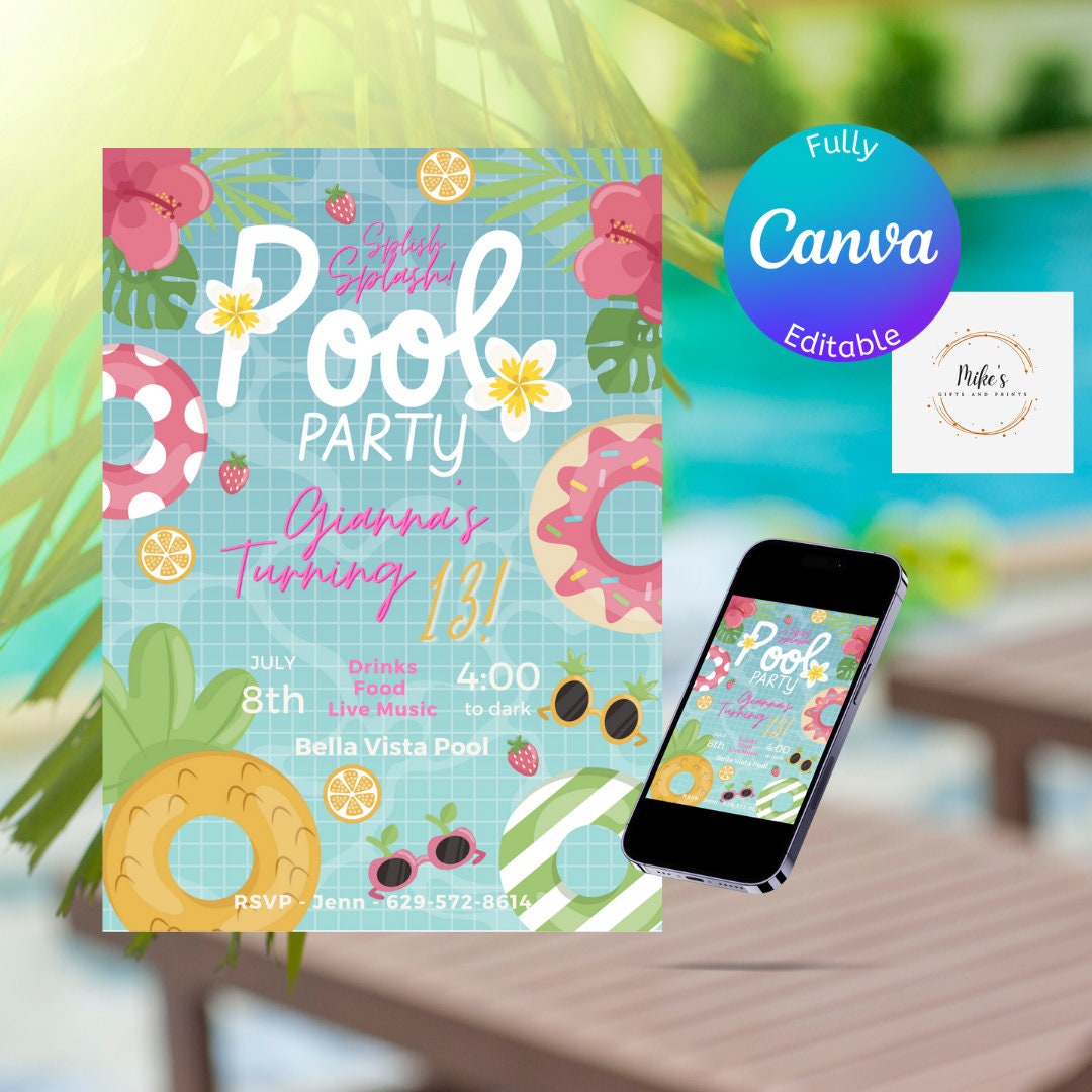 Splish Splash Pool Party Invitation, Pool Party Invite, EDITABLE Digital Template, Summer ...