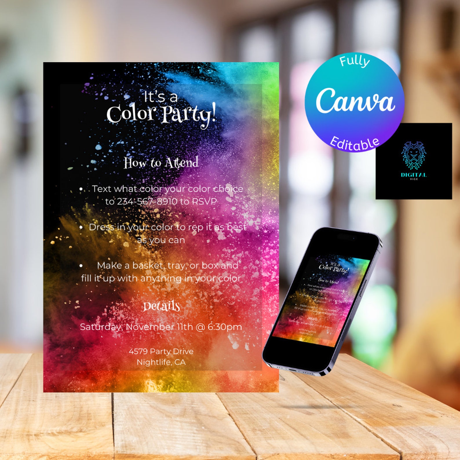 Editable Color Party Invitation, Rainbow Party, Adult Party Invite ...