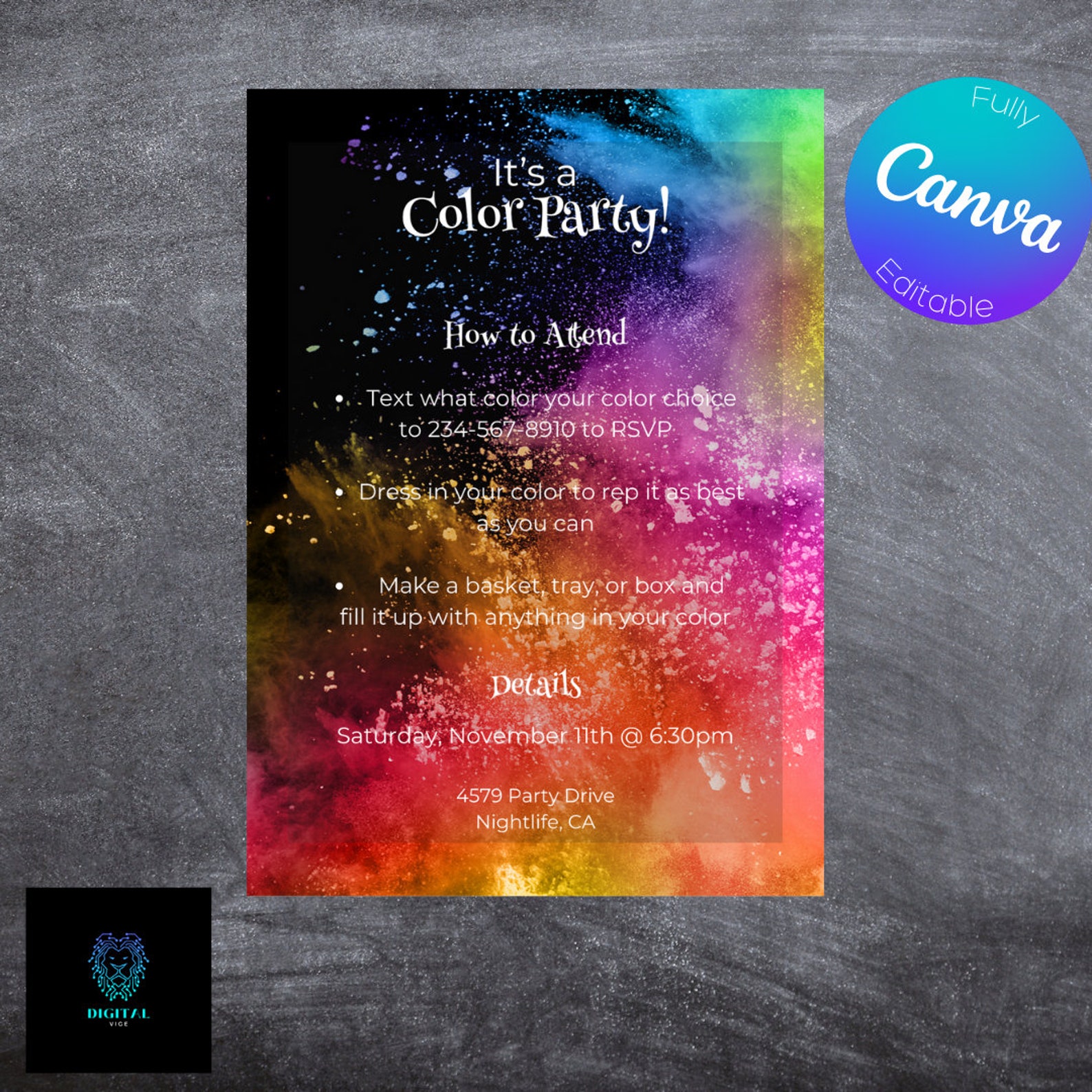 Editable Color Party Invitation, Rainbow Party, Adult Party Invite ...