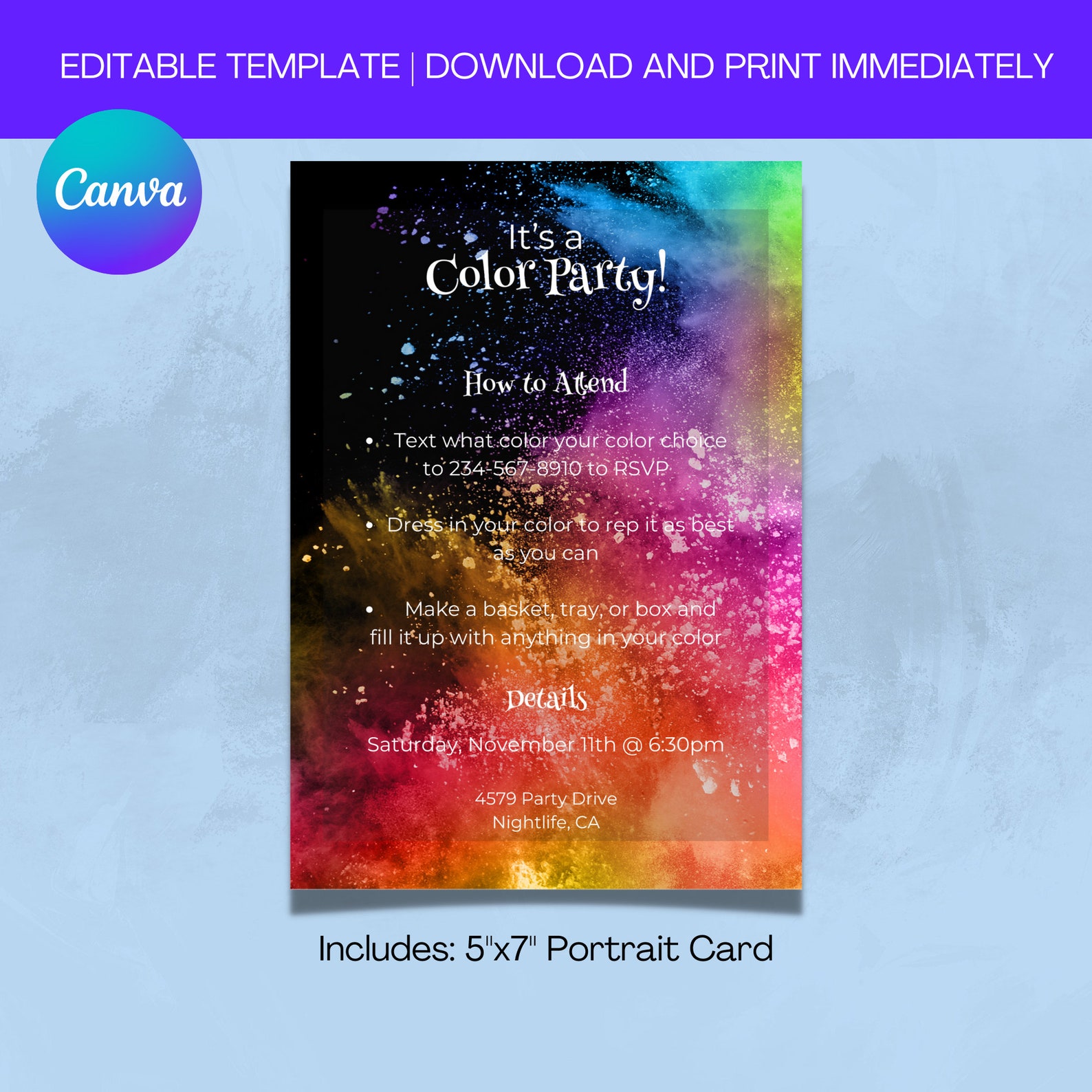 Editable Color Party Invitation, Rainbow Party, Adult Party Invite ...