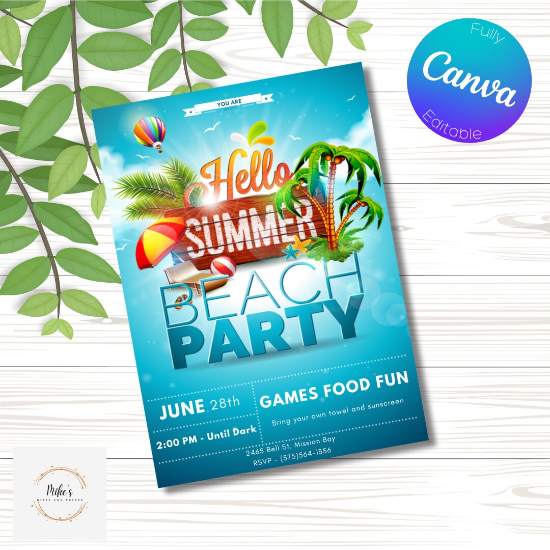 Hello Summer Beach Party Invitation, Bright Invite, Party Invites ...