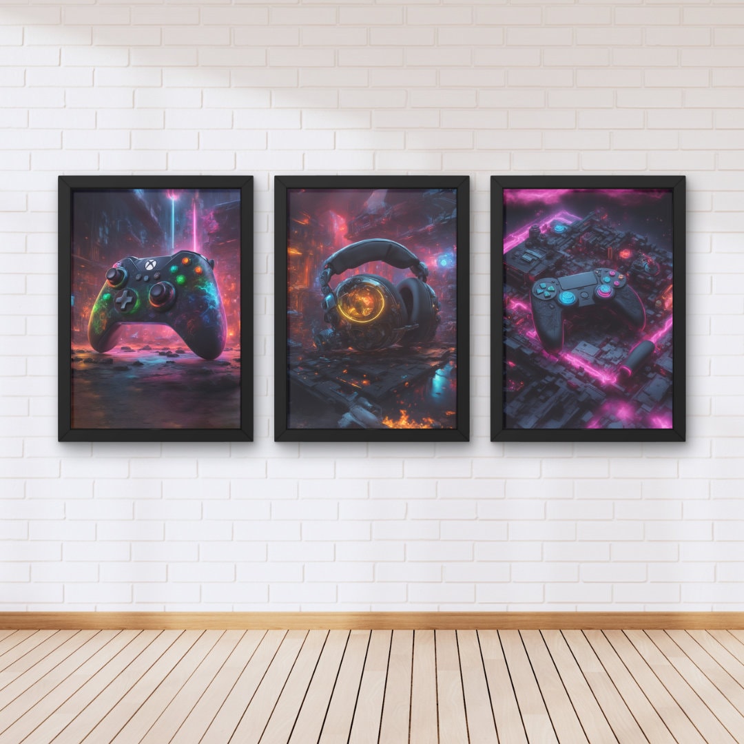 Gaming A4 Posters, Neon Tech Gaming Trio, Neon Gamer Art, Games Room ...
