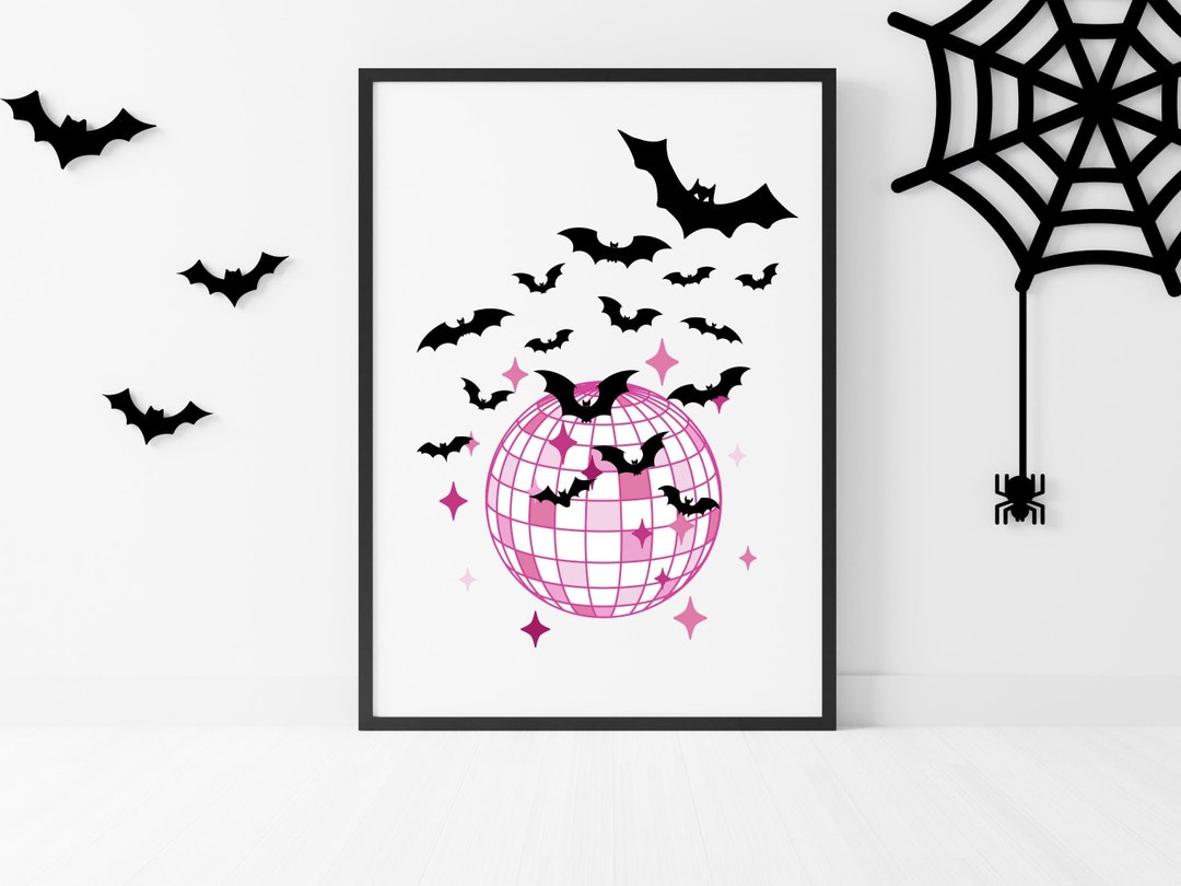 Disco Ball & Flying Bats Halloween Print | 3 Colors Trendy Wall Decor ...