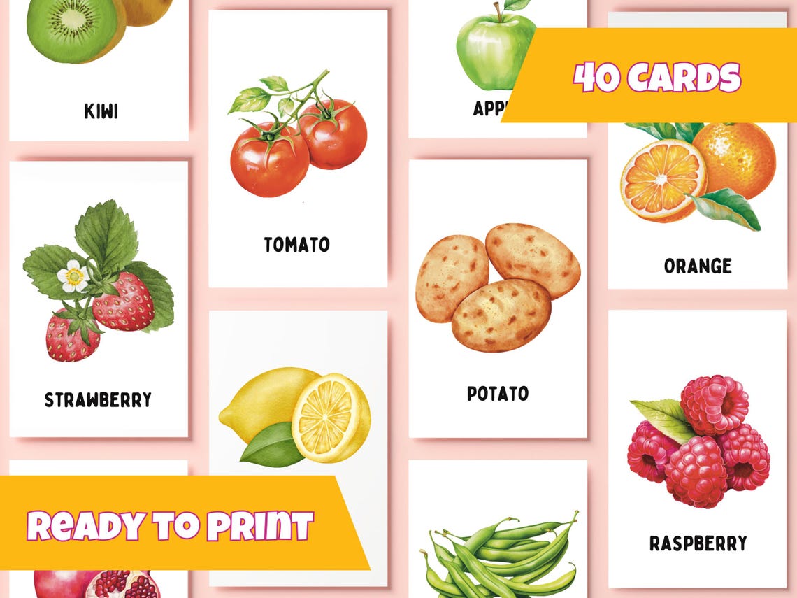 40 Fruit and Vegetable Flashcards Educational Cards Montessori ...