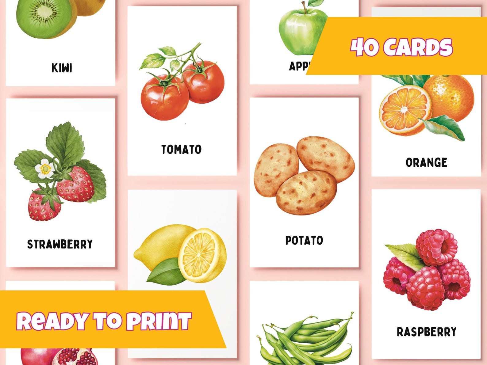 40 Fruit and Vegetable Flashcards Educational Cards Montessori ...