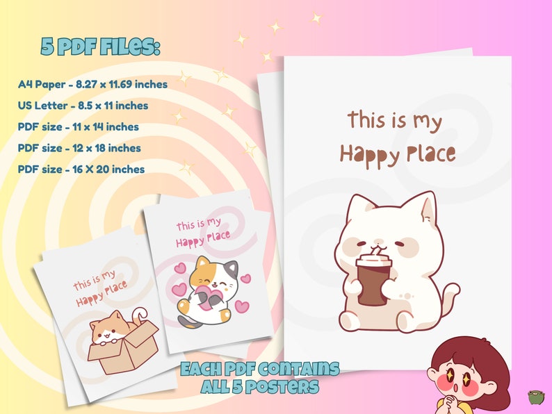 Cute Cat Printable Wall Art Kawaii Cats Classroom Decor Playroom Decor ...