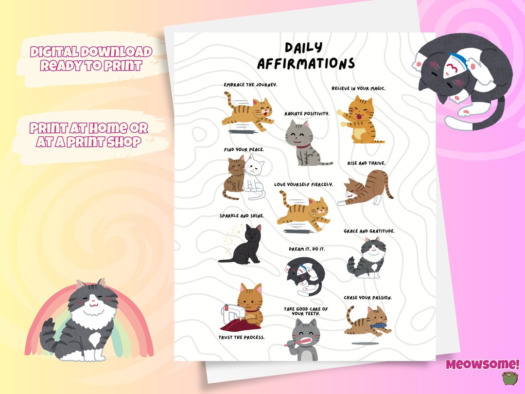 Cute Cartoon Daily Affirmations Cat Posters Inspirational Wall Art ...