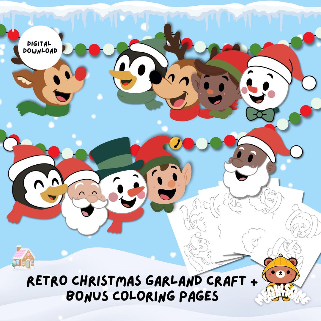 Retro Rubber Hose Cartoon Style Christmas Garland With Bonus Coloring ...