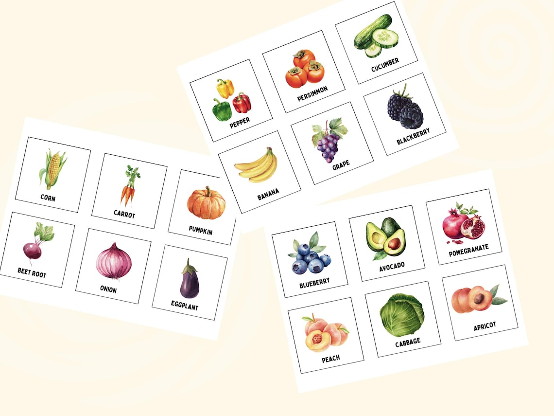 40 Fruit and Vegetable Flashcards Educational Cards Montessori ...