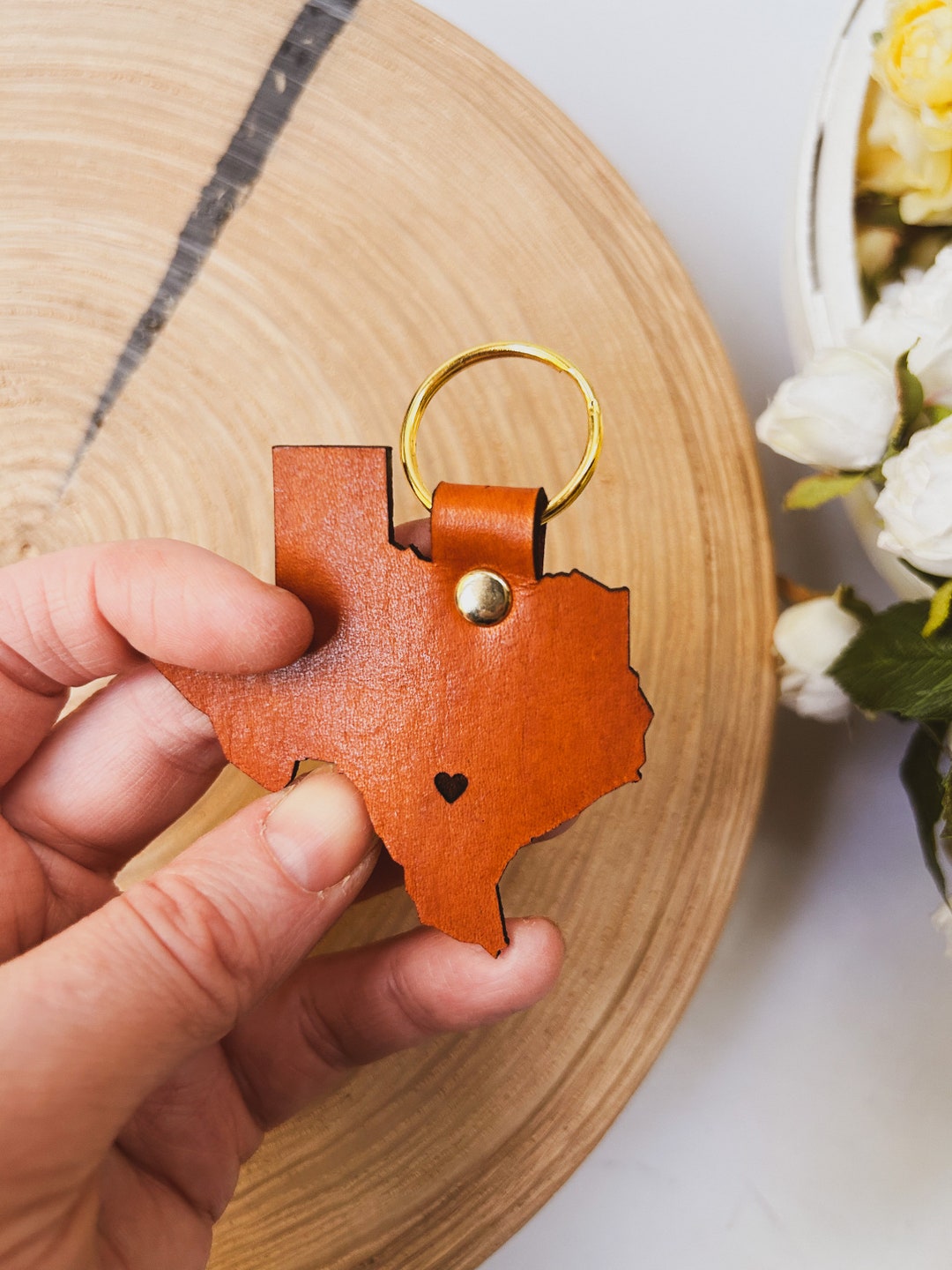 Custom State Leather Keychain With Heart Over City of Choice - Etsy