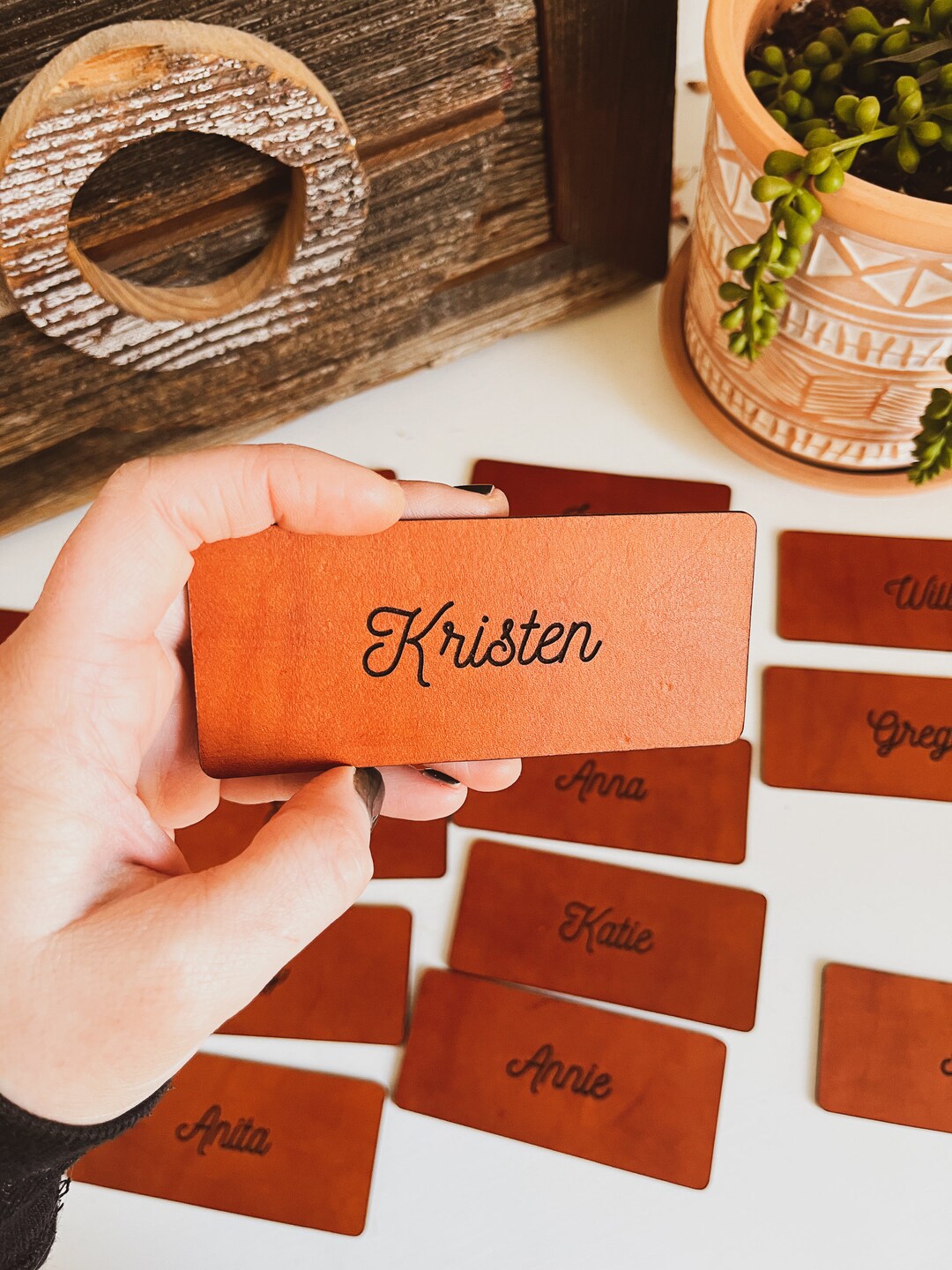Custom Place Cards With Personalized Name, Engraved Leather Minimalist ...