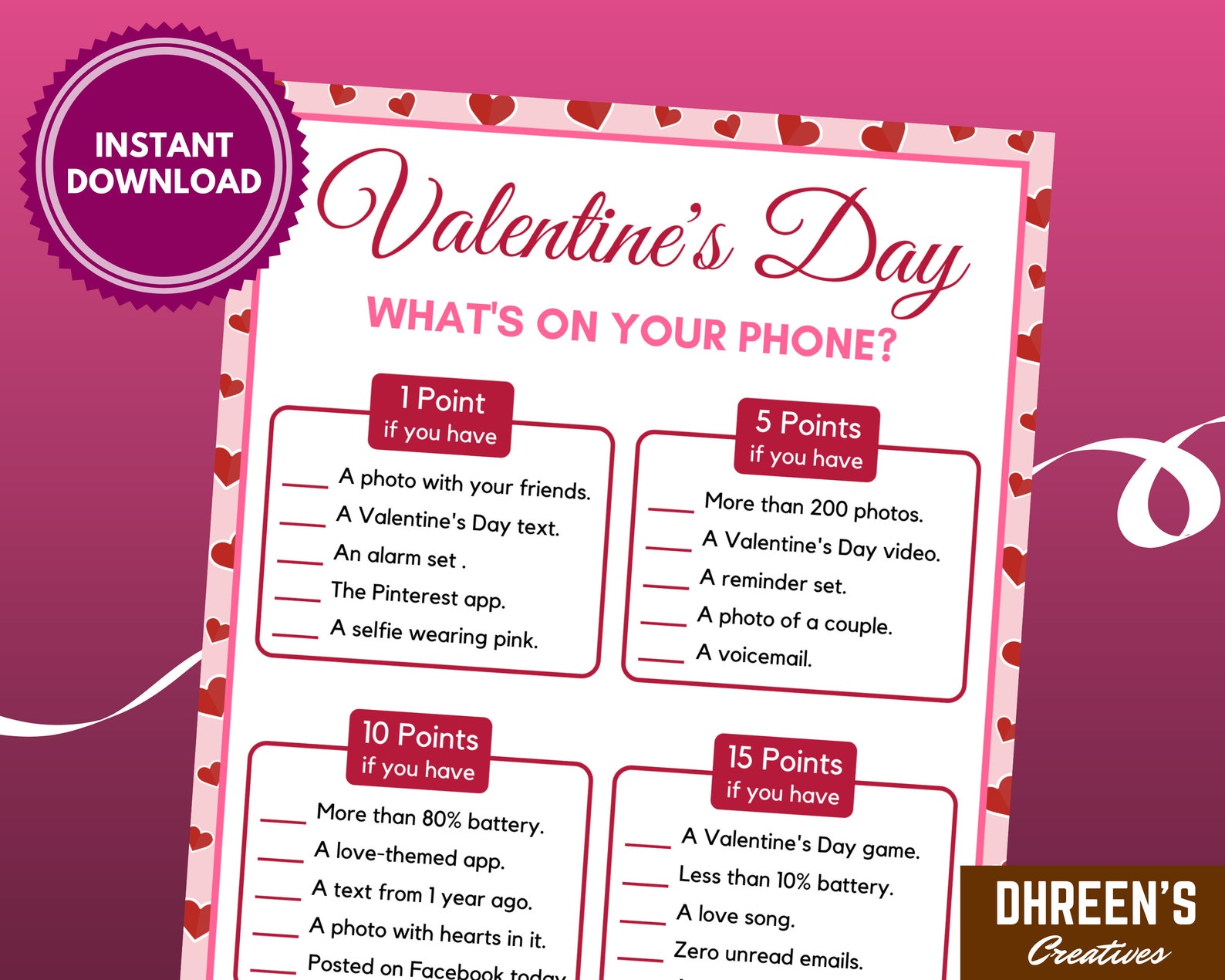Valentine's Day What's on Your Phone Printable Game for Kids and Adults ...