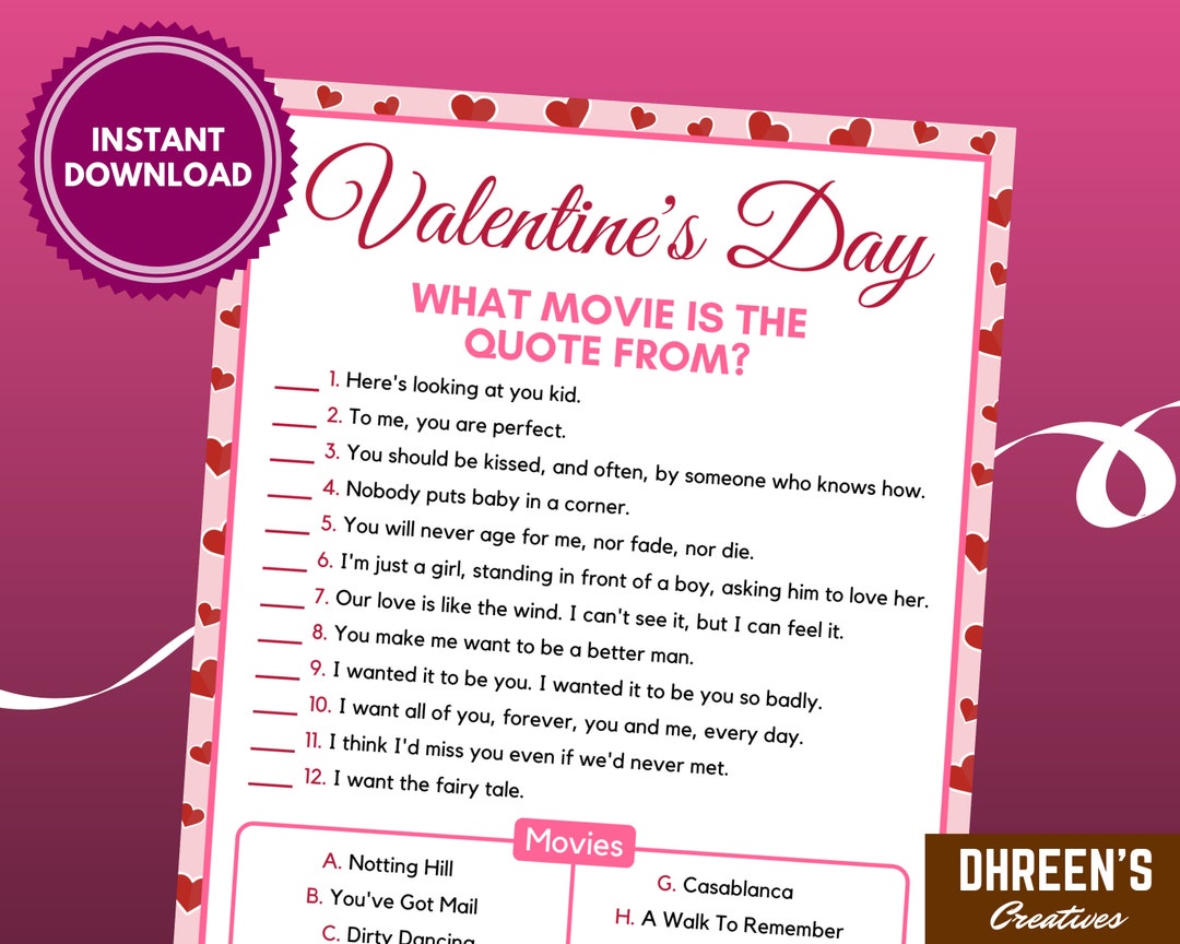 Valentine's Day Movie Quotes Printable Game for Kids and - Etsy
