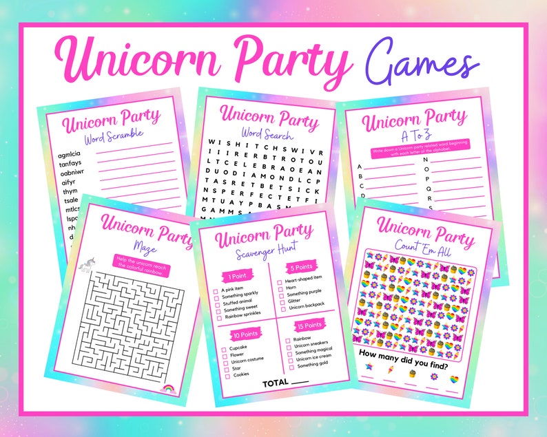 Unicorn Party Games 6 Printable Unicorn Games for Kids Unicorn Birthday ...