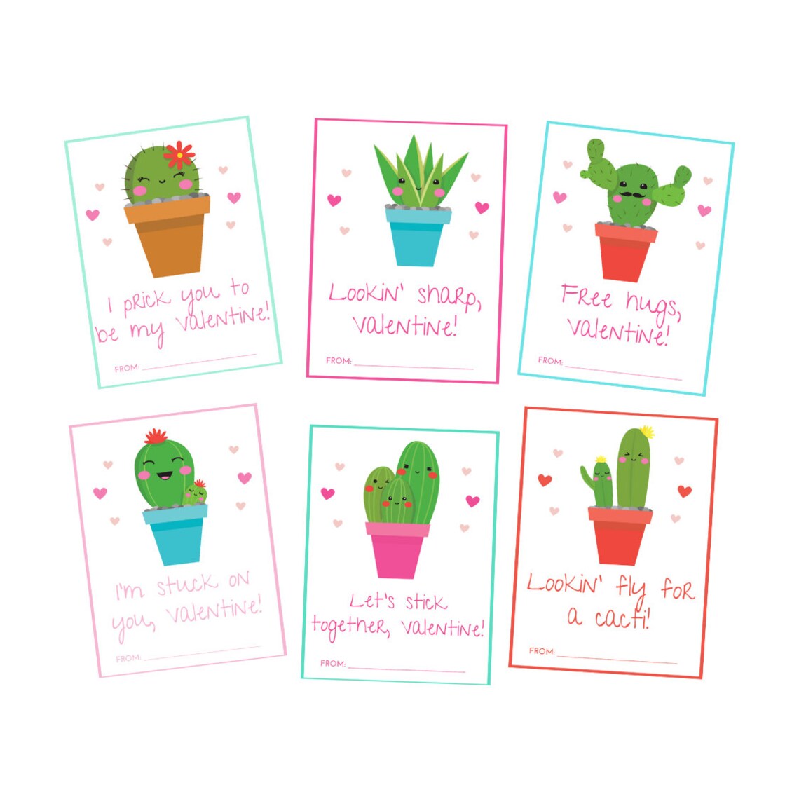 Succulent Valentines Day Card for Kids, Cactus Printable Valentine ...