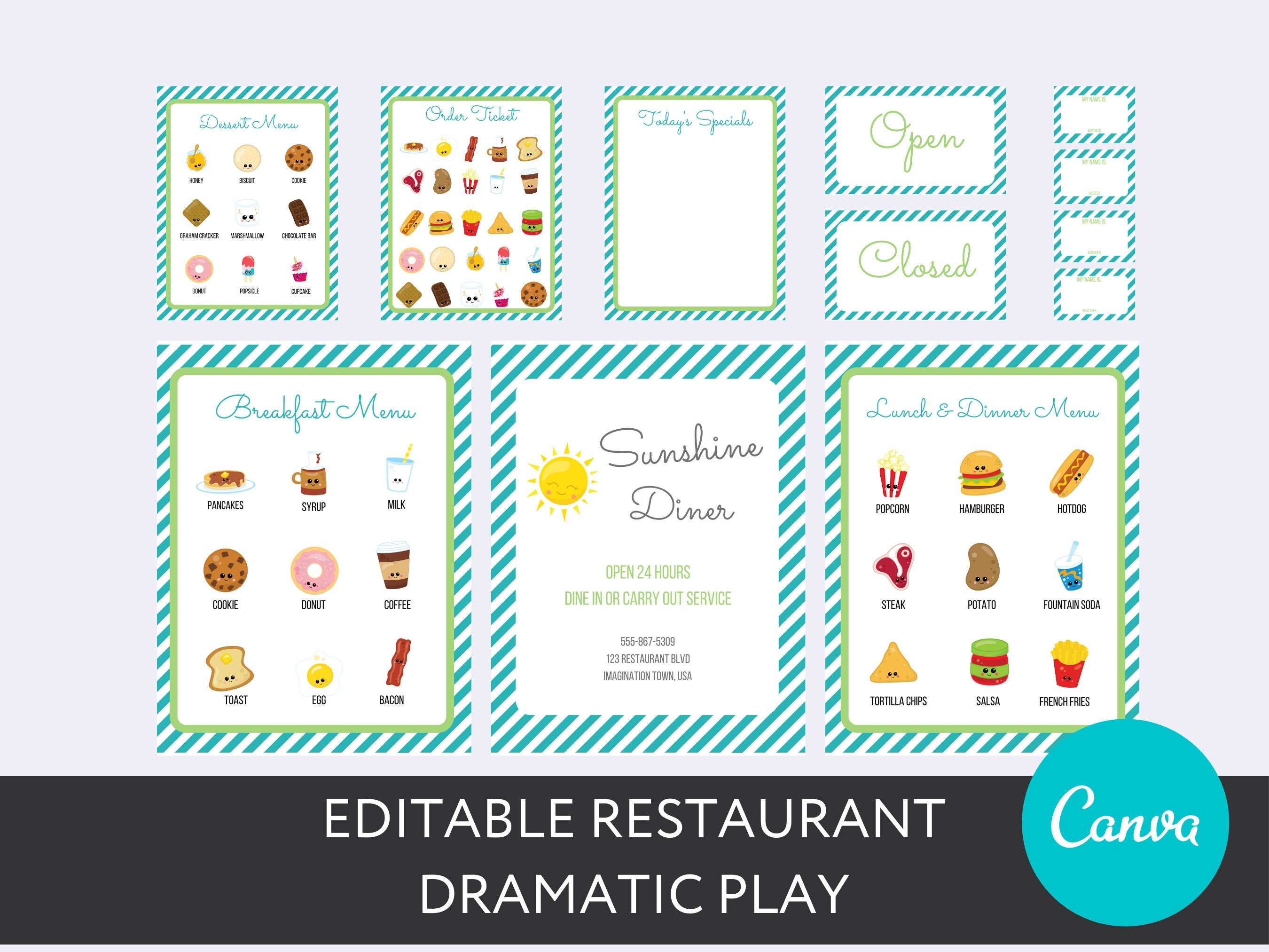 Editable Restaurant Dramatic Play Printable for Kids, Diner Digital ...