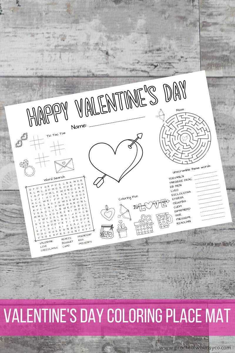 Valentine's Day Coloring Place Mat, School Party Kids Activity - Etsy