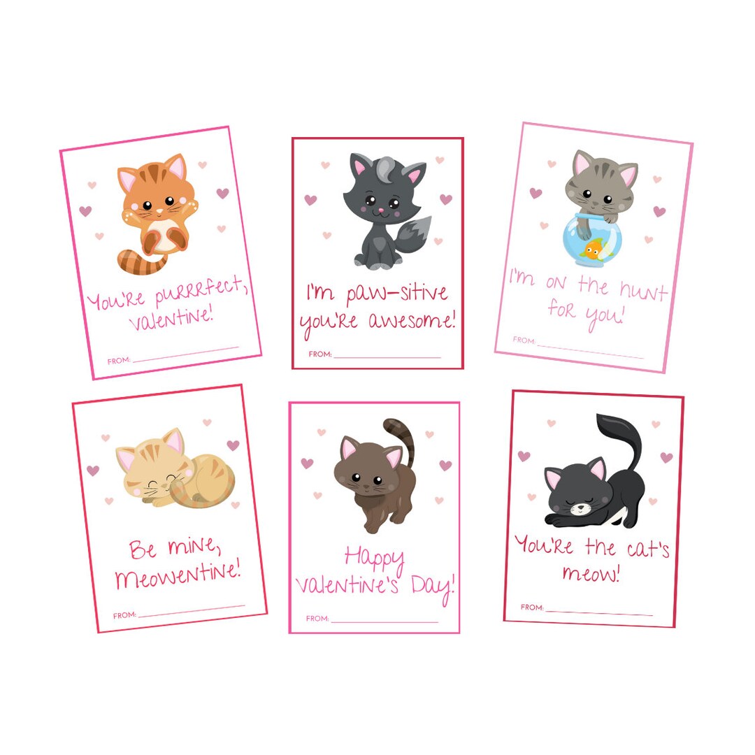 Printable Cats Valentines Day Card for Kids, Kitten Valentine Digital ...