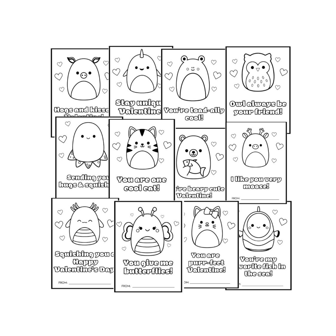 Squish Valentines Day Coloring Card for Kids, Printable Animal School ...