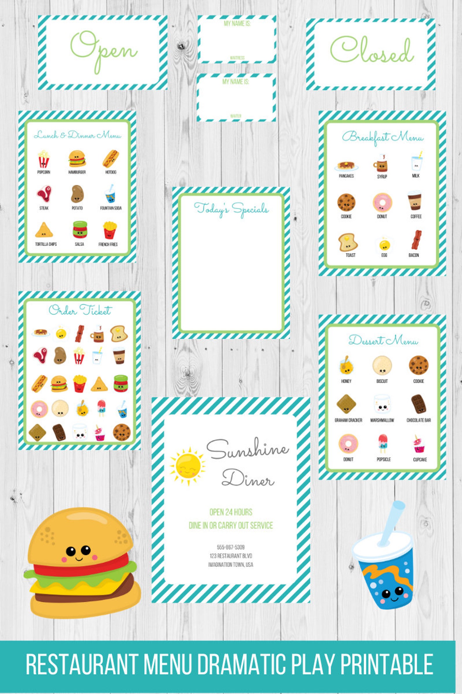 Printable Restaurant Dramatic Play, Pretend Play Diner Digital Download ...