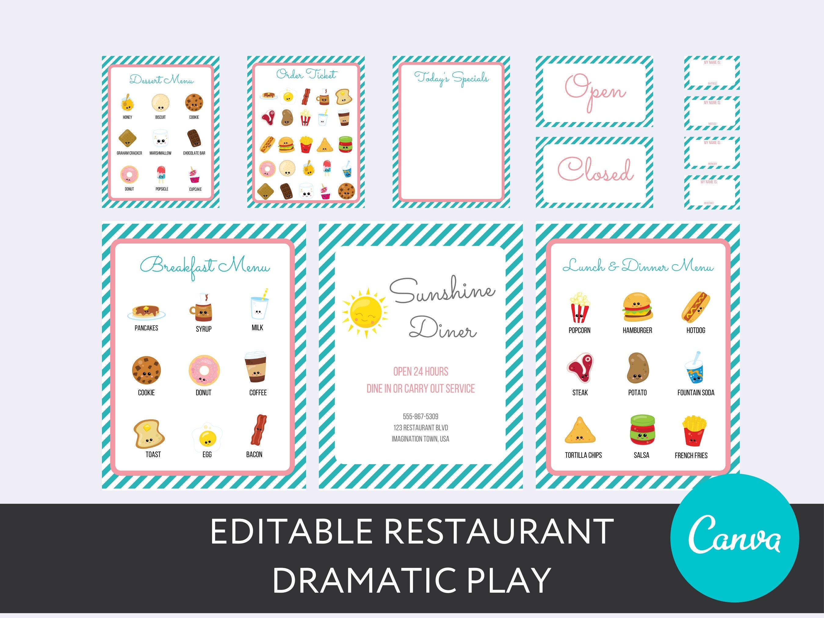 Editable Restaurant Dramatic Play Printable for Kids, Diner Digital ...