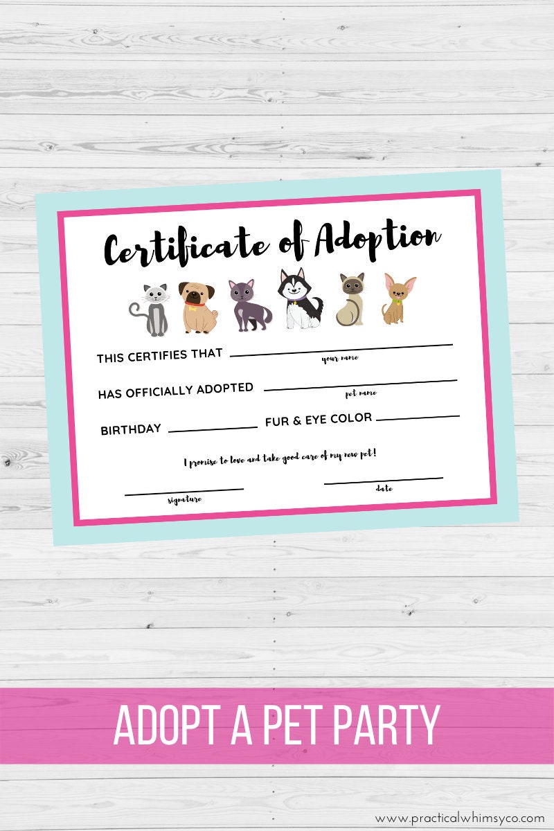 Adopt a Pet Party Printables Cat Party Adoption Certificate - Etsy