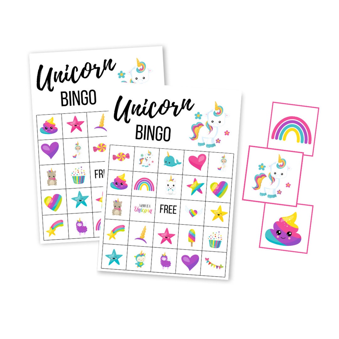 Printable Rainbow Unicorn BINGO Cards, Poop Emoji Digital Download Game ...