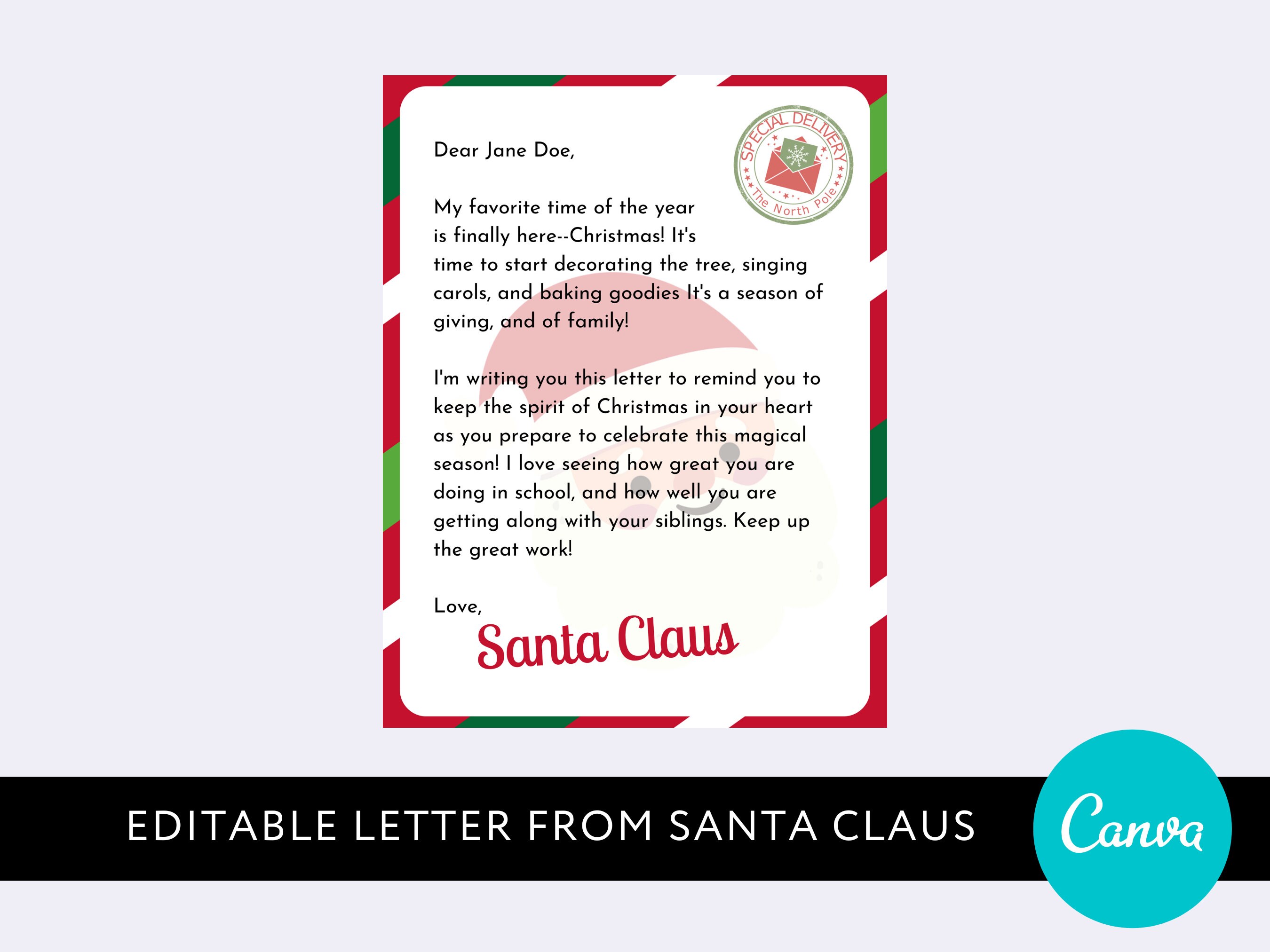 Editable Santa Letter Printable, Kids Christmas Digital Download, Canva ...