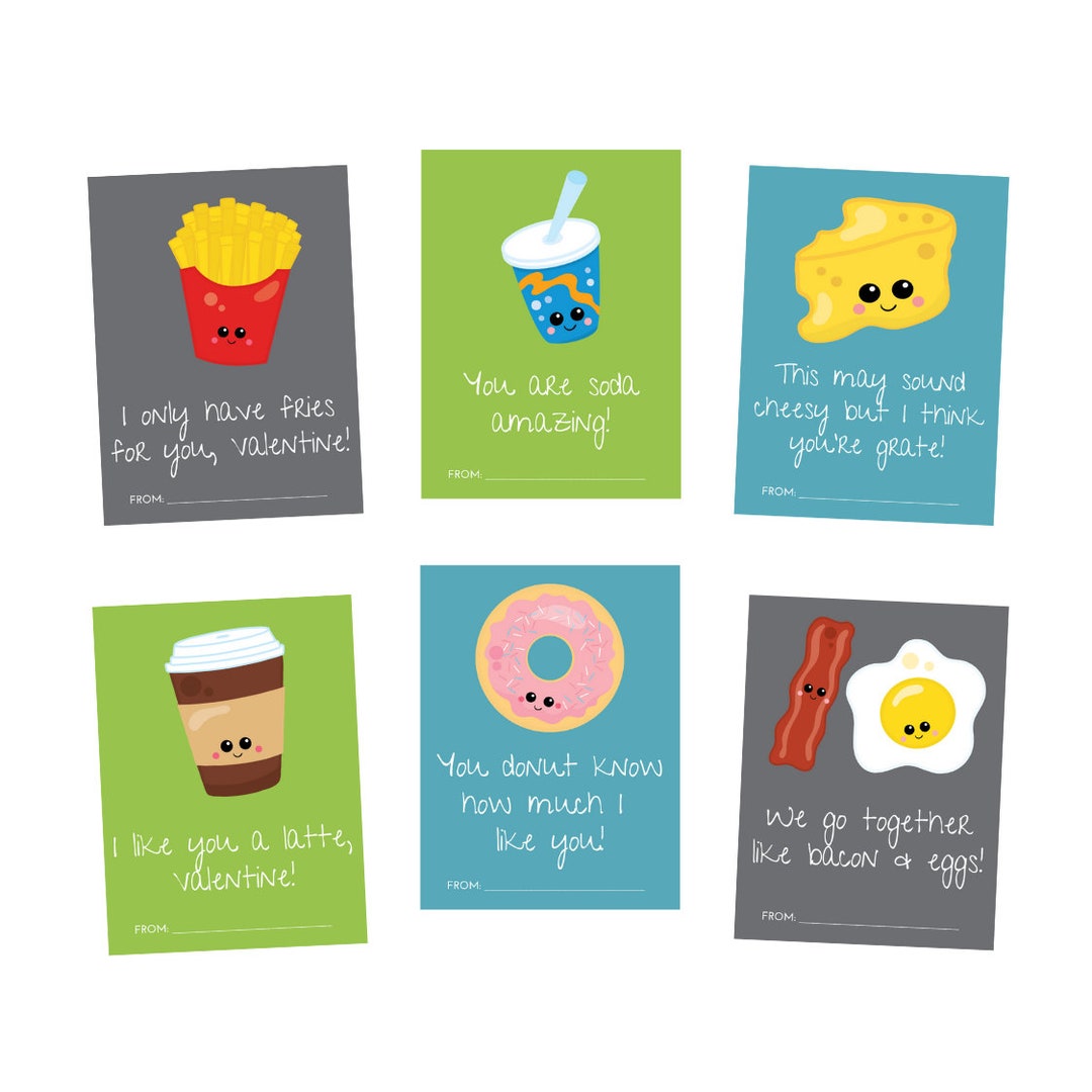 Food Valentines Day Card for Kids, Kawaii Printable Valentines Cards ...