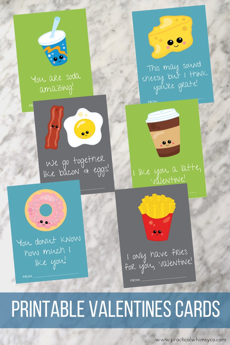 Food Valentines Day Card for Kids, Kawaii Printable Valentines Cards ...