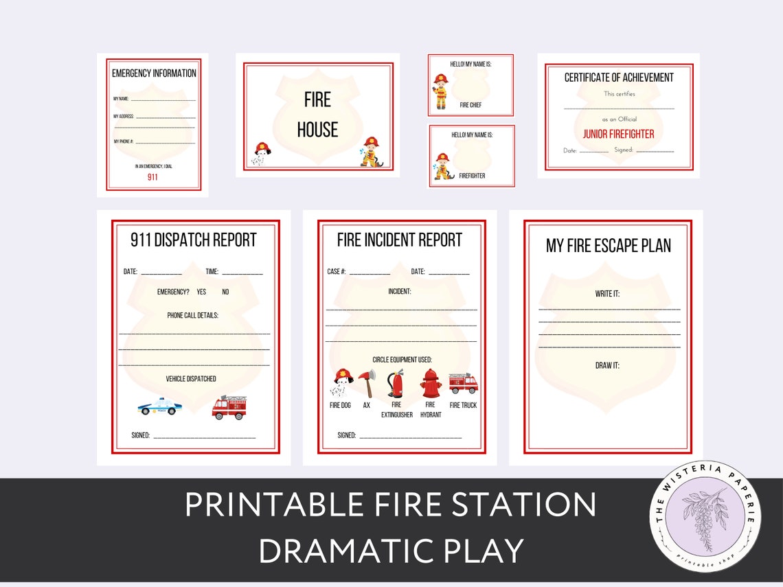Printable Firefighter Dramatic Play, Pretend Play Fire House Digital ...