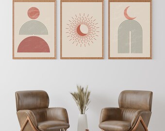 Mid Century Modern Geometric Sun Print Set of 3 Prints, Digital ...