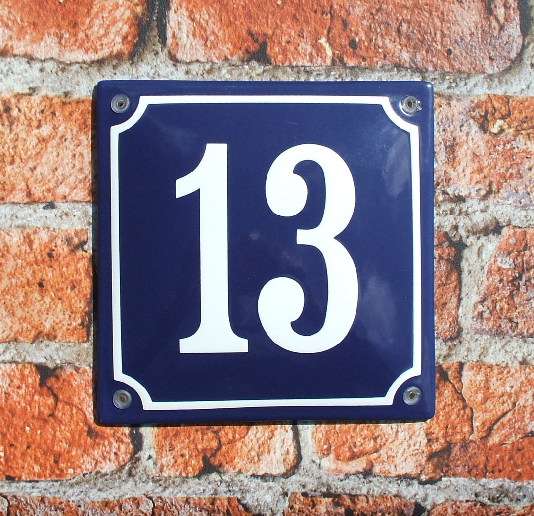 Classic Enamel House Number 13 Sign. White Number on a Blue Background ...
