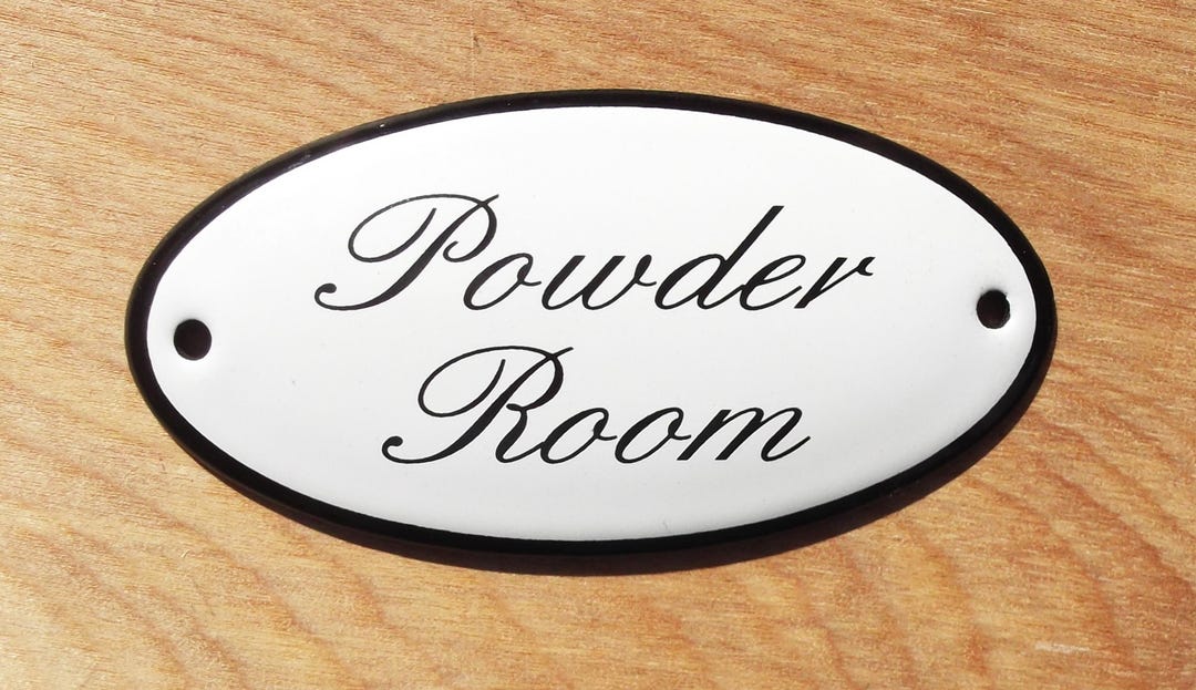 Classic Enamel Powder Room Sign. Black Text on a White Background ...