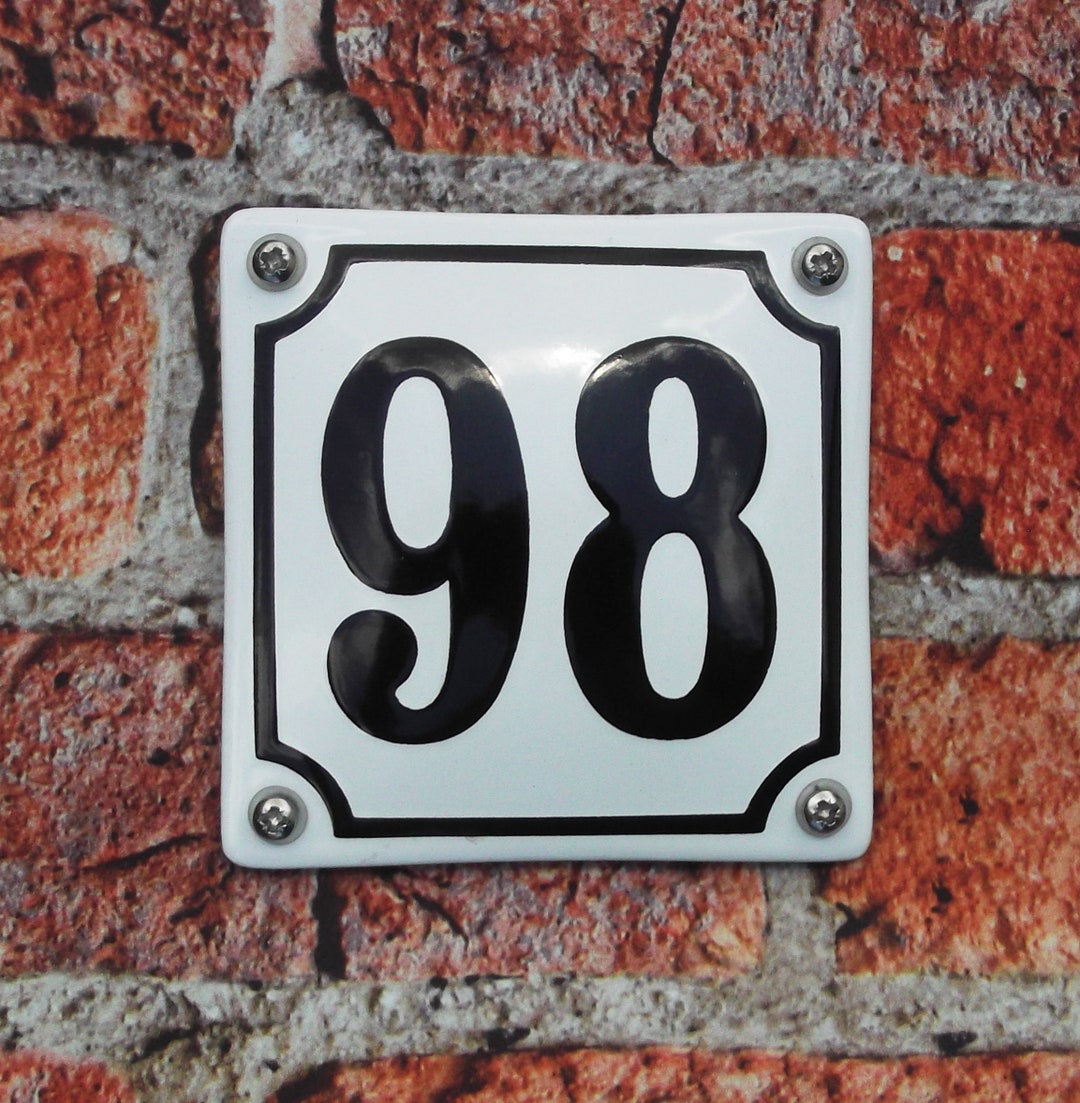 Classic Enamel House Number Sign. Black No.98 on a White Background ...