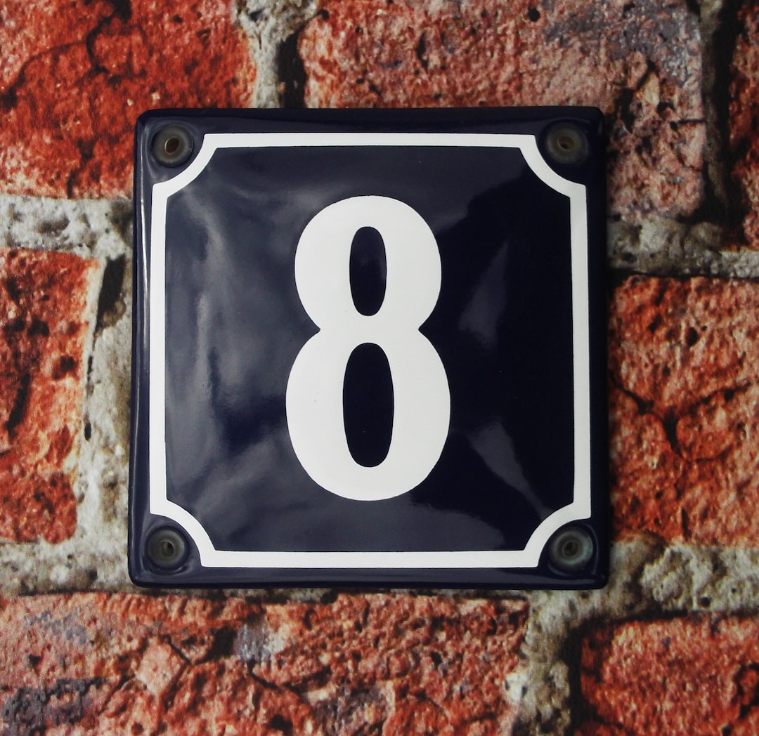 Classic Enamel House Number 8 Sign. White No. 8 on a Blue Background ...