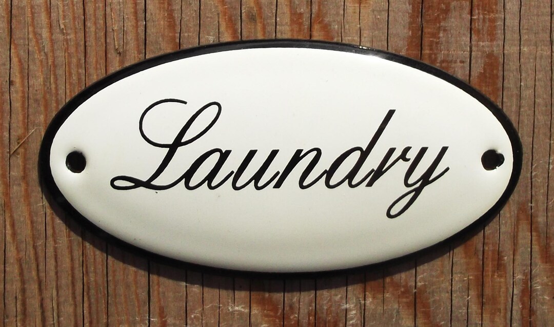 Classic Enamel Laundry Sign. Black Text on a White Background. 10x5cm ...